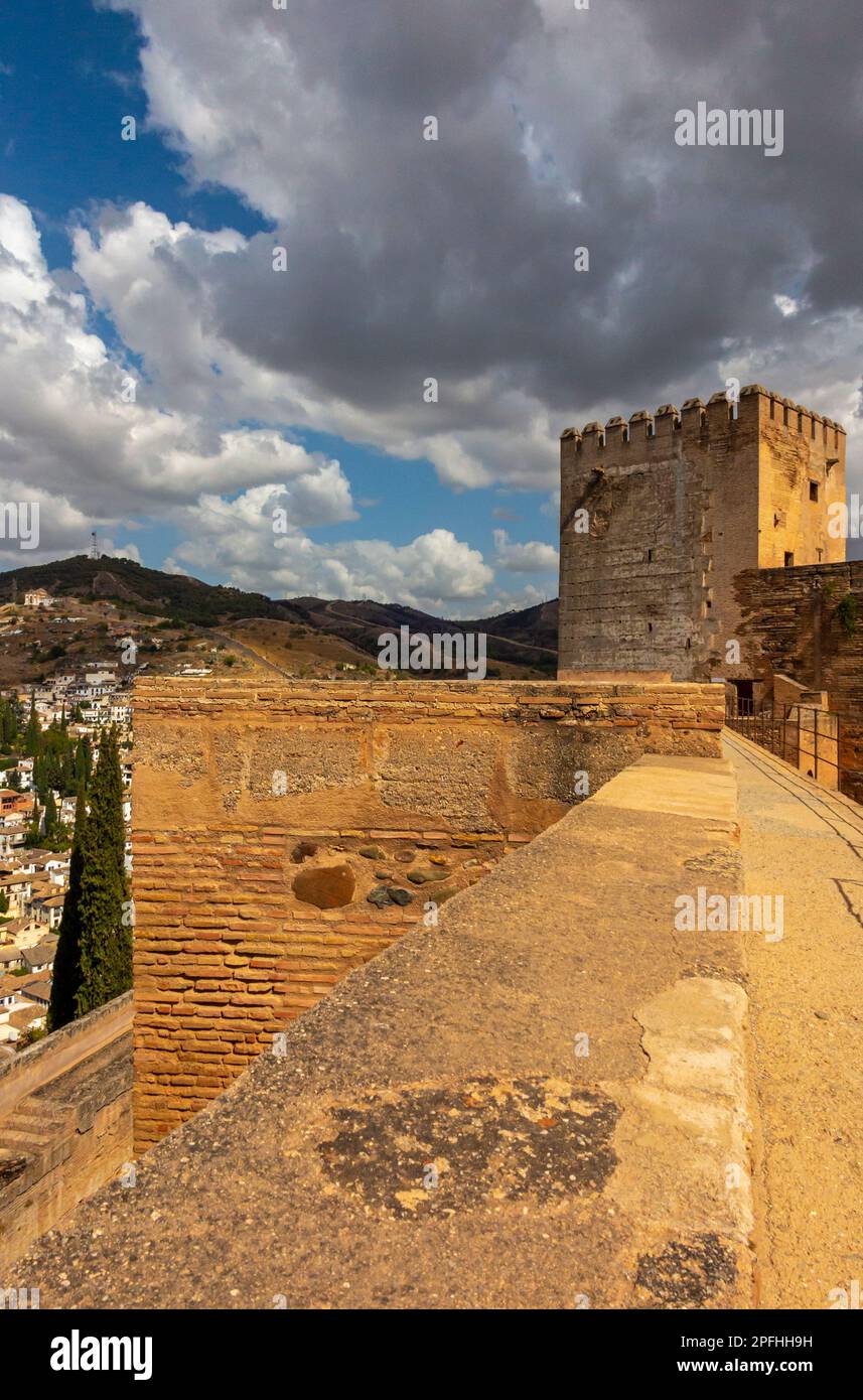 Moorish towers and walls at the Alhambra Palace in Granada Andalucia ...