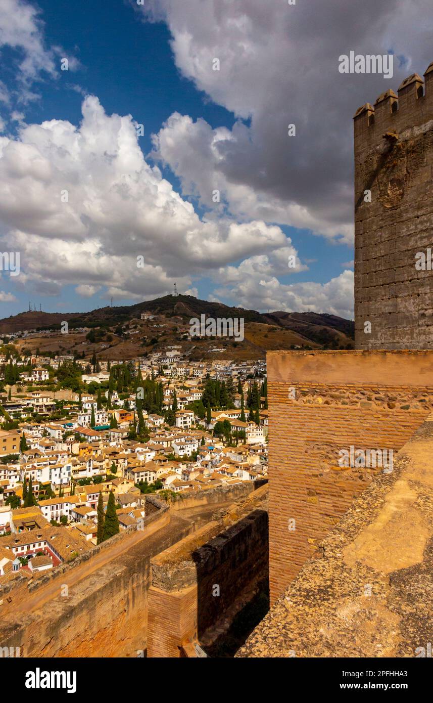 Moorish towers and walls at the Alhambra Palace in Granada Andalucia ...