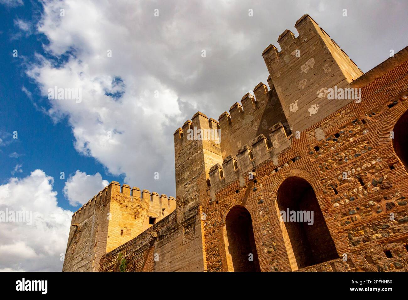 Moorish towers and walls at the Alhambra Palace in Granada Andalucia ...