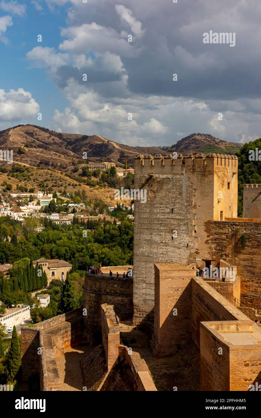 Moorish towers and walls at the Alhambra Palace in Granada Andalucia ...