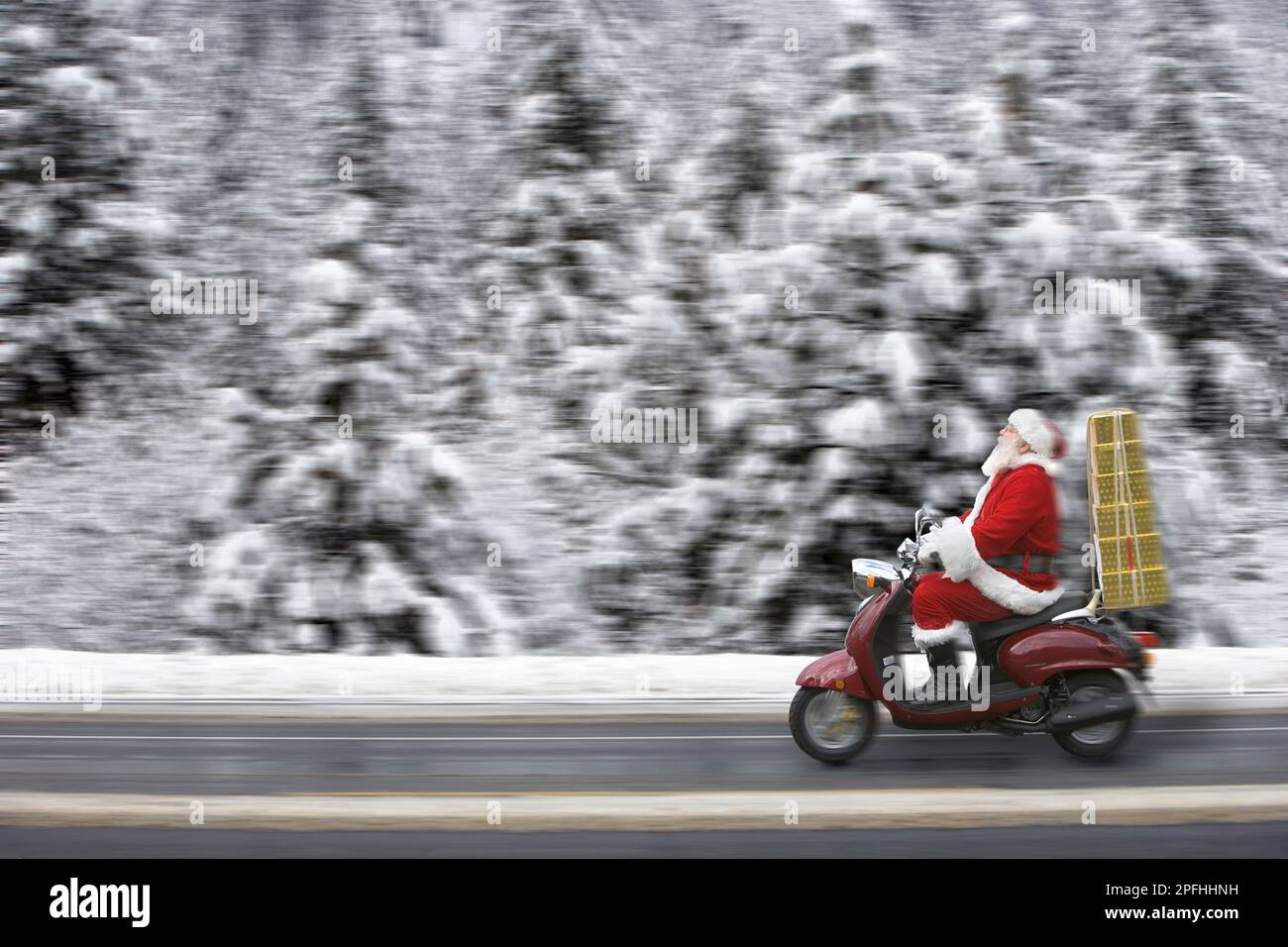 Santa Claus riding moped through the snowy woods delivering Stack of ...