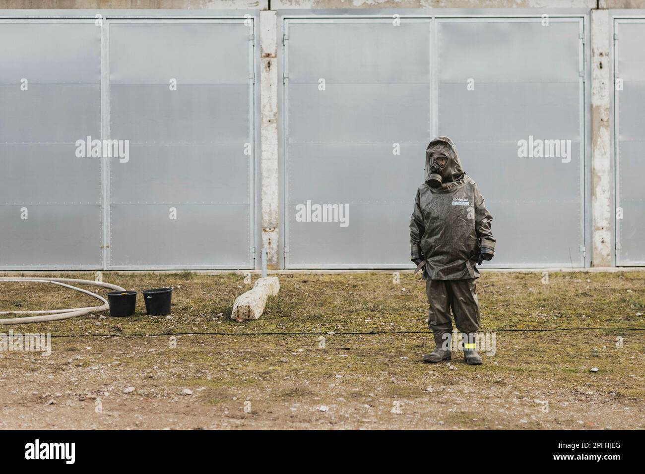 A NBC defense soldier in protective gear, pictured during ...