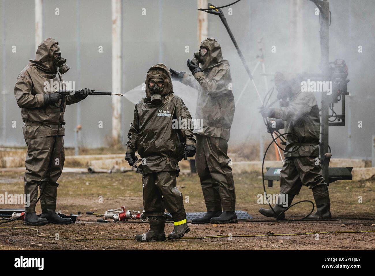 NBC defense soldiers in protective equipment, photographed during ...