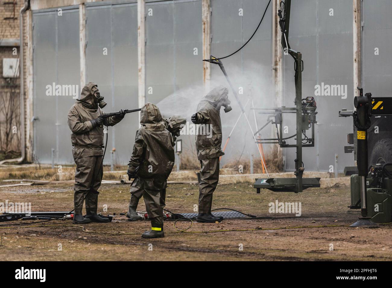 NBC defense soldiers in protective equipment, photographed during ...