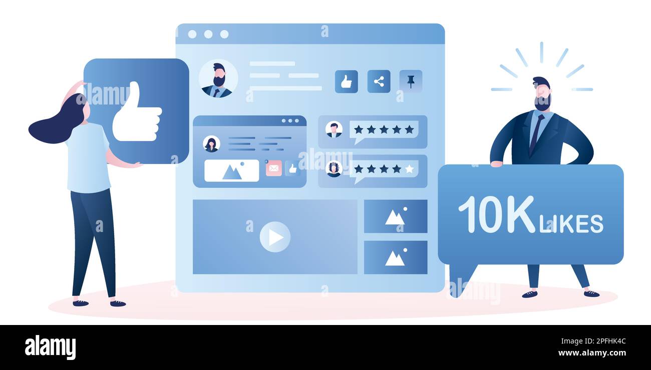 Female follower gives like sign and very happy man with speech bubble ...