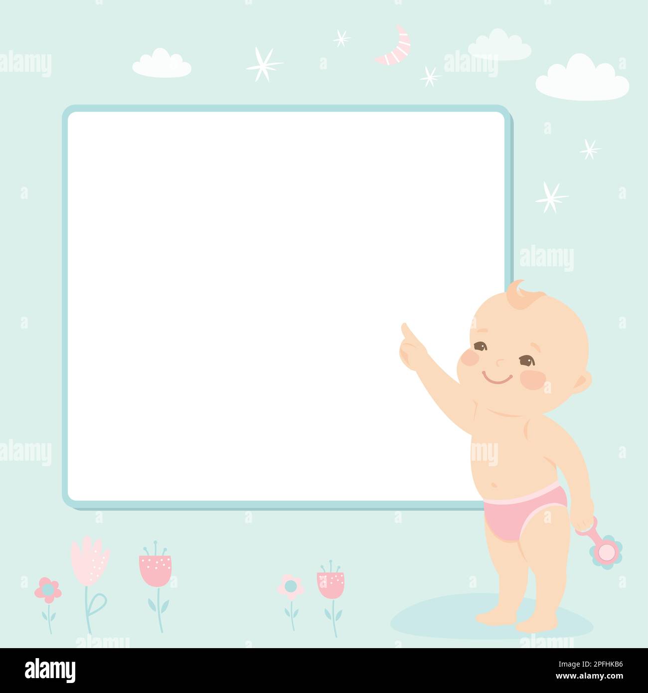 Empty space or banner and little newborn baby girl. Child shows a ...