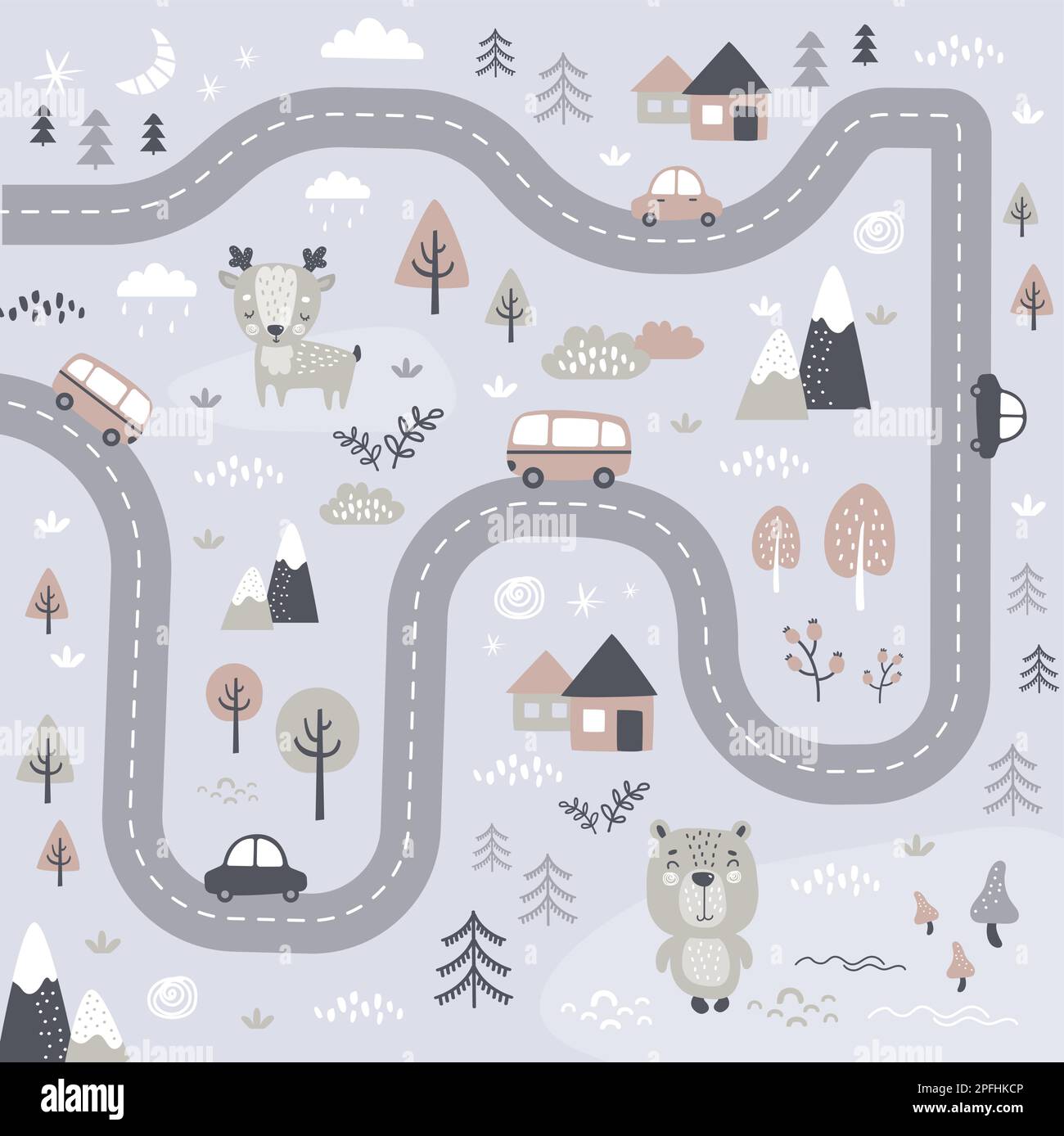 Cute hand drawn background in scandinavian style. Road with buse ...