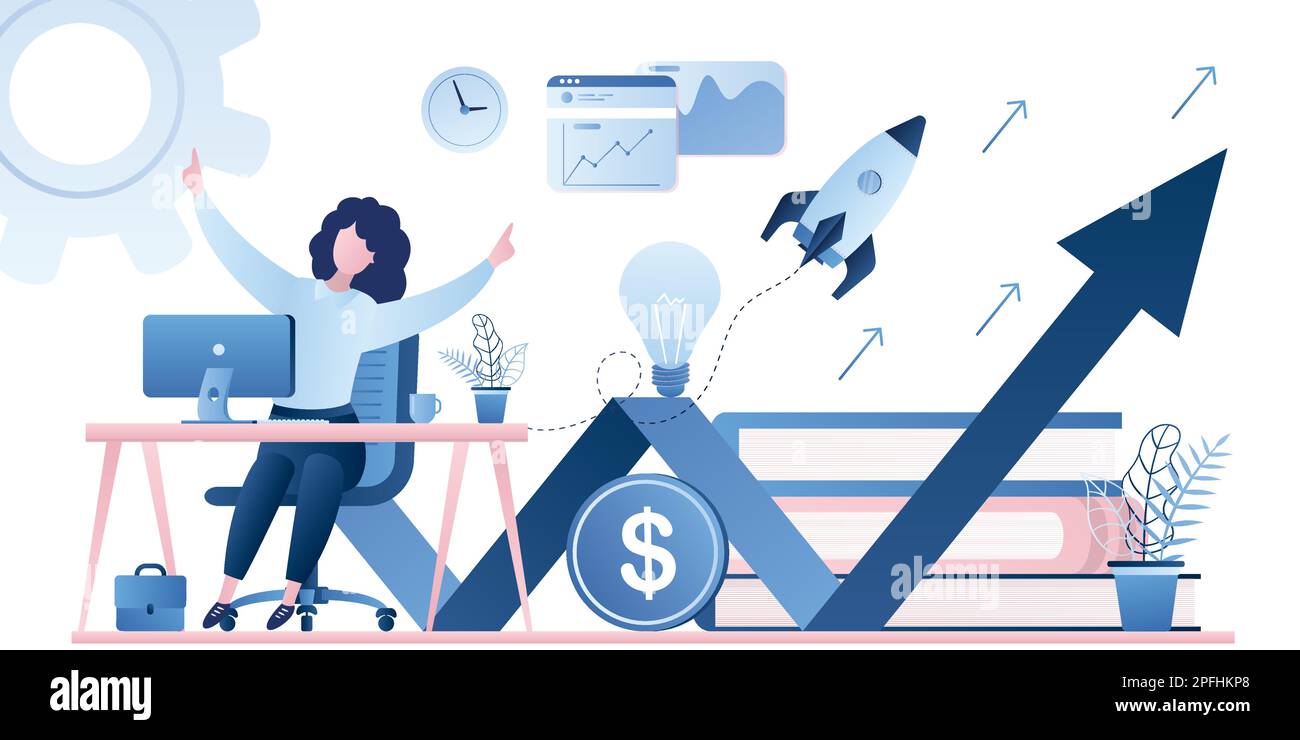 Happy and successful woman trader or businesswoman on workplace ...