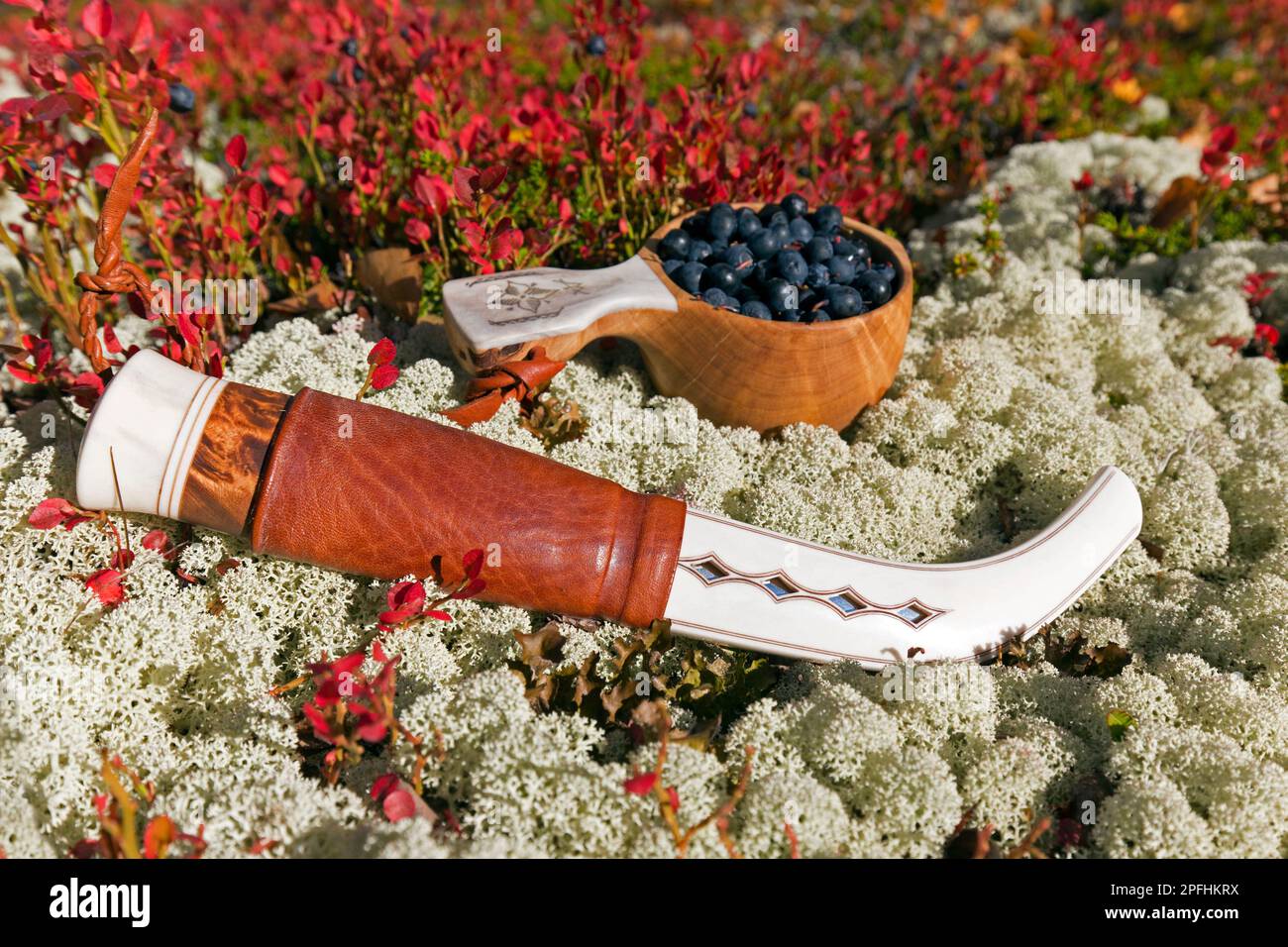 Traditional Sami knife and Scandinavian cup, wooden guksi / kuksa ...