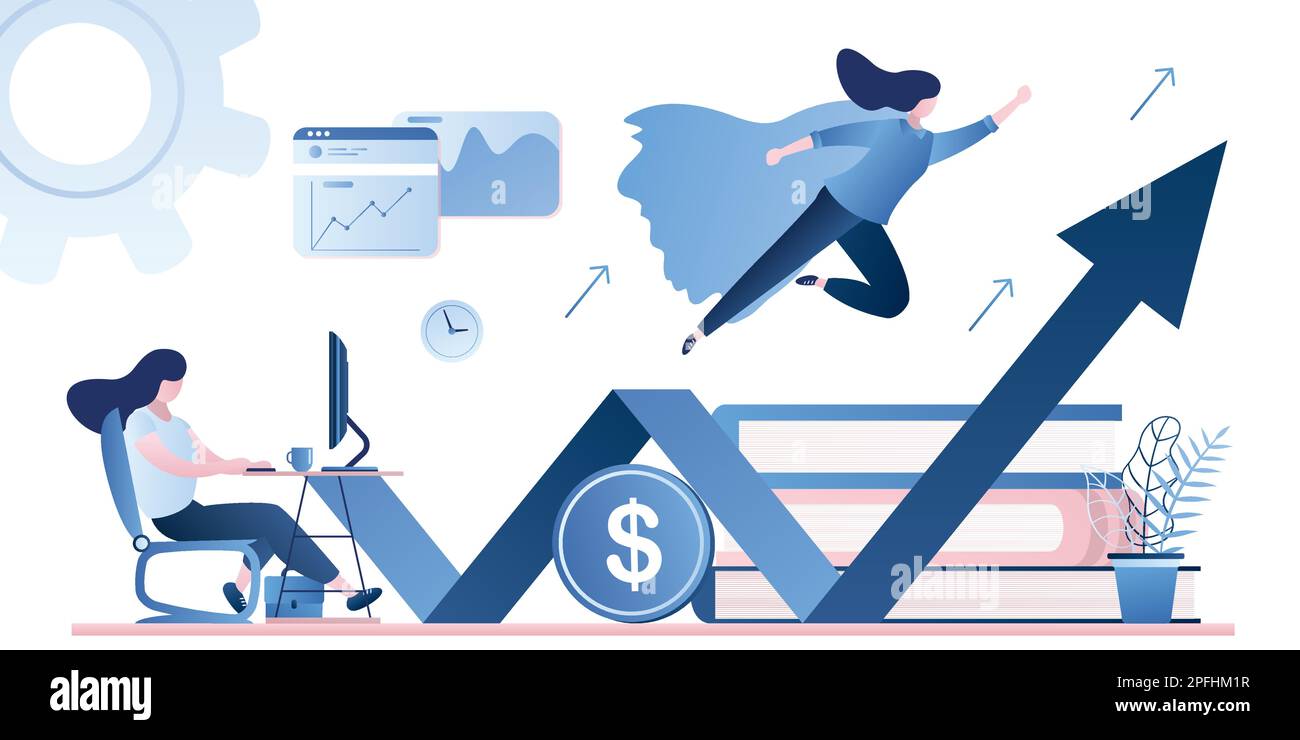 Businesswoman working and flying like superhero with briefcase ...