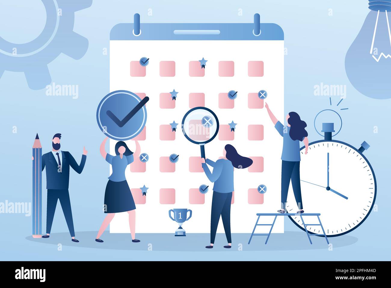Priorities in work and schedule. Business people and big timetable ...