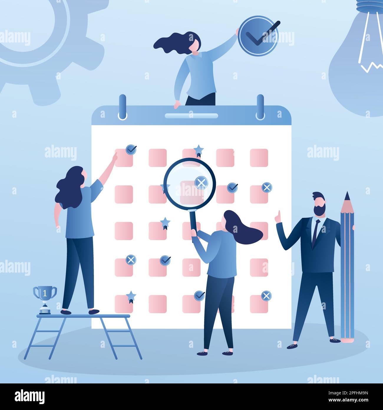 Priorities in work and schedule. Business people and big timetable ...