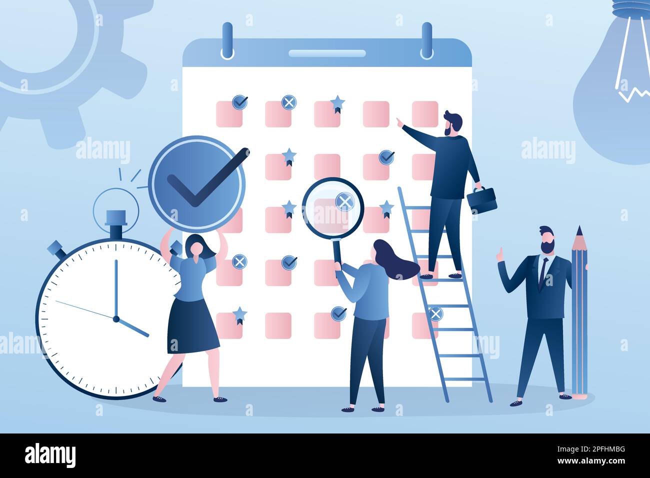 Priorities in work and schedule. Business people and big timetable ...