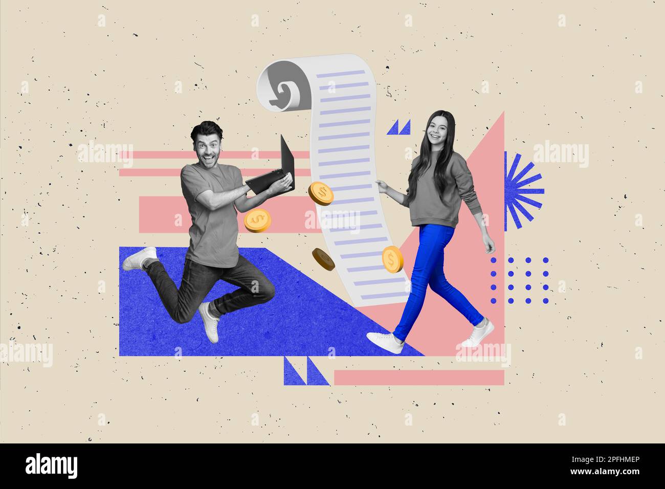 Creative collage photo sketch template of happy funny young people ...