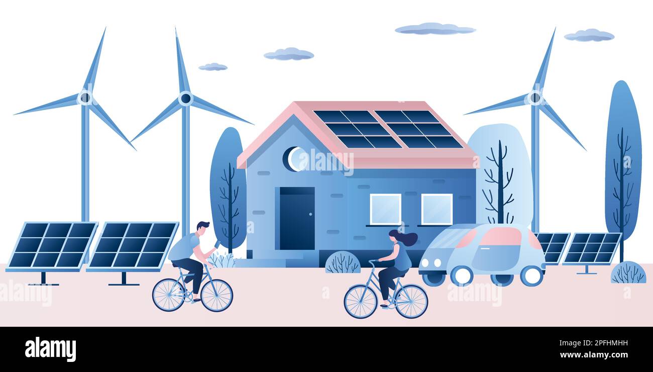 Clean energy and smart technology background. Windmills, rooftop solar ...