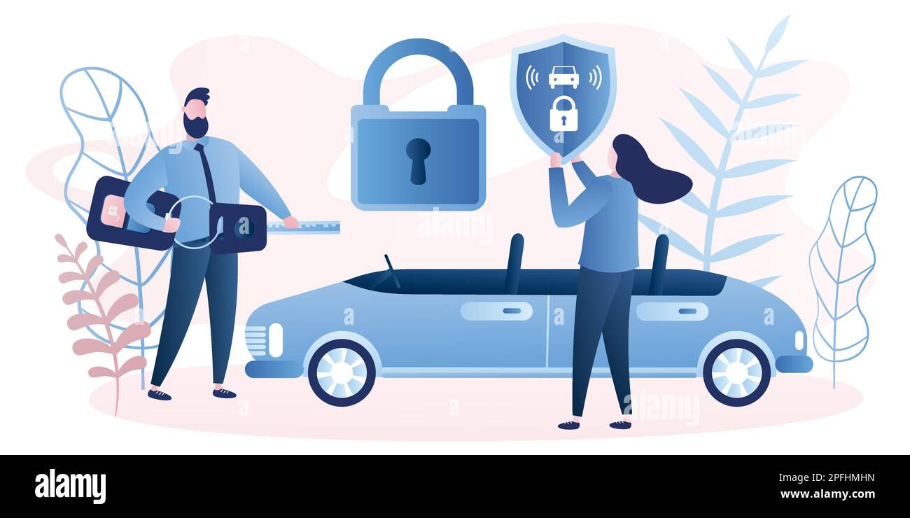 Handsome businessman with car remote key and woman with shield at car ...