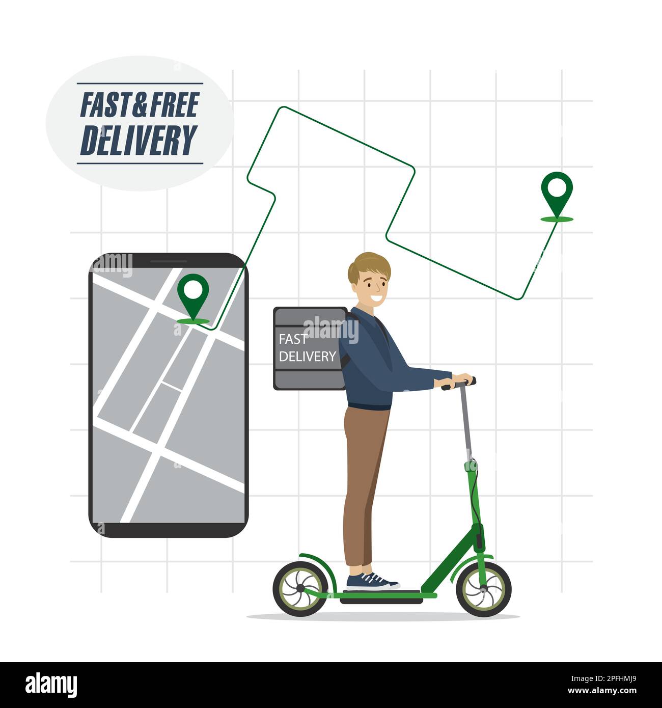 Drone delivery concept. Cartoon Quadcopter with cargo and route on the ...