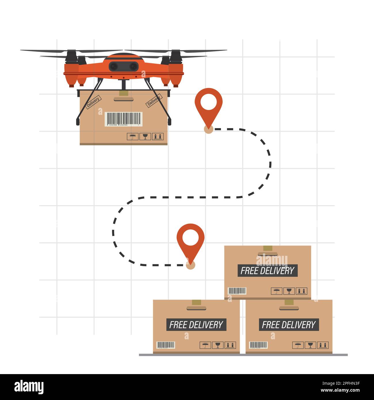 Drone delivery concept. Cartoon Quadcopter with cargo and route on the ...