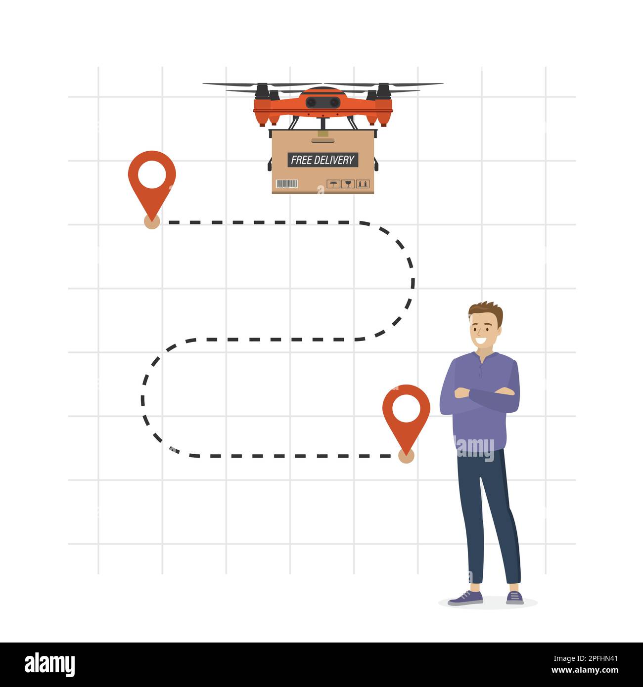 Drone delivery concept. Cartoon Quadcopter with cargo,route on the map ...