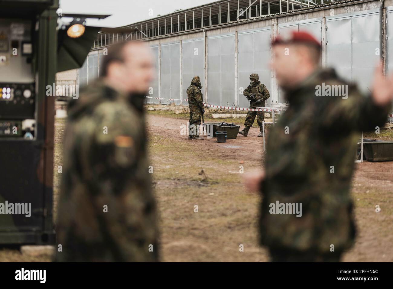 Two NBC defense soldiers in protective gear, pictured during ...