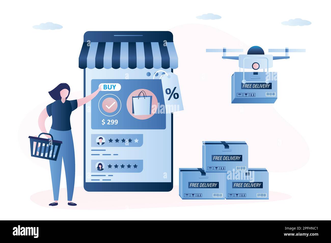 Online mobile shop. Woman client buys goods online and drone delivers ...