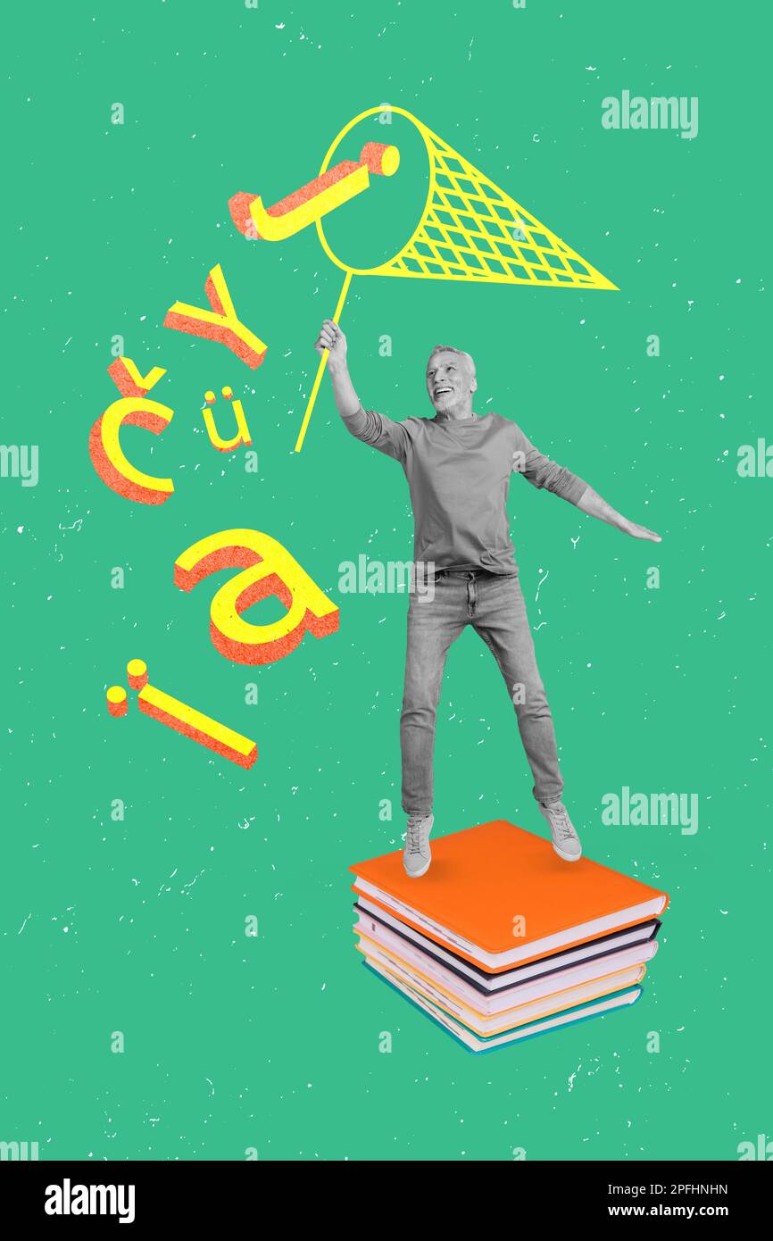 Vertical creative photo 3d collage sketch of carefree positive mature man jumping on book catch ...