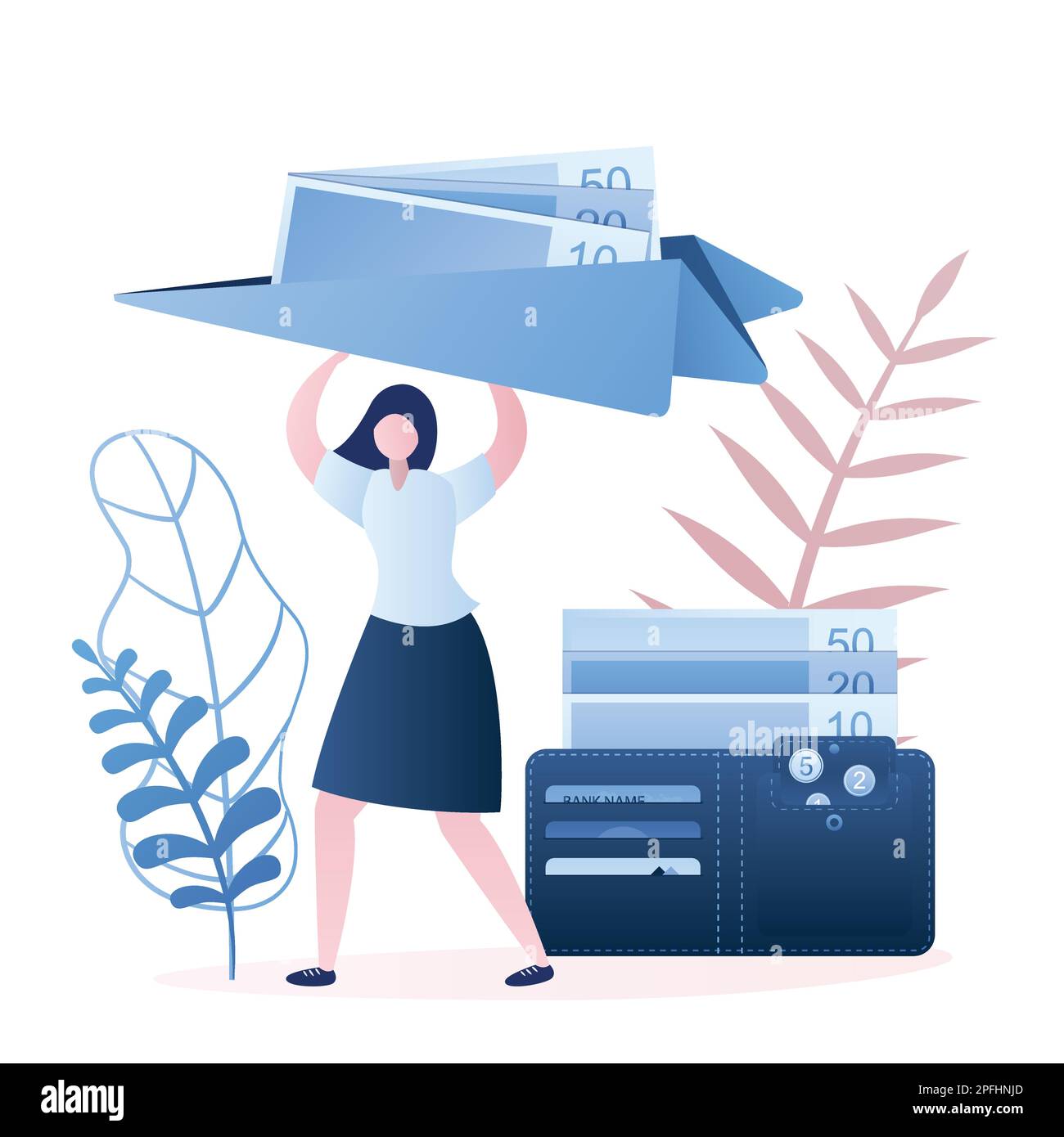 Female send airplane with money,fast mobile money transfer. Modern ... Female send airplane with money,fast mobile money transfer. Modern ...