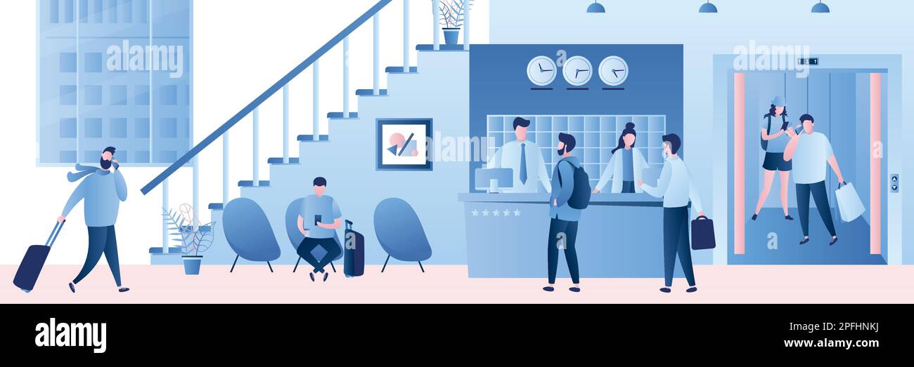 Hotel reception desk,interior with furniture,people receptionists and ...