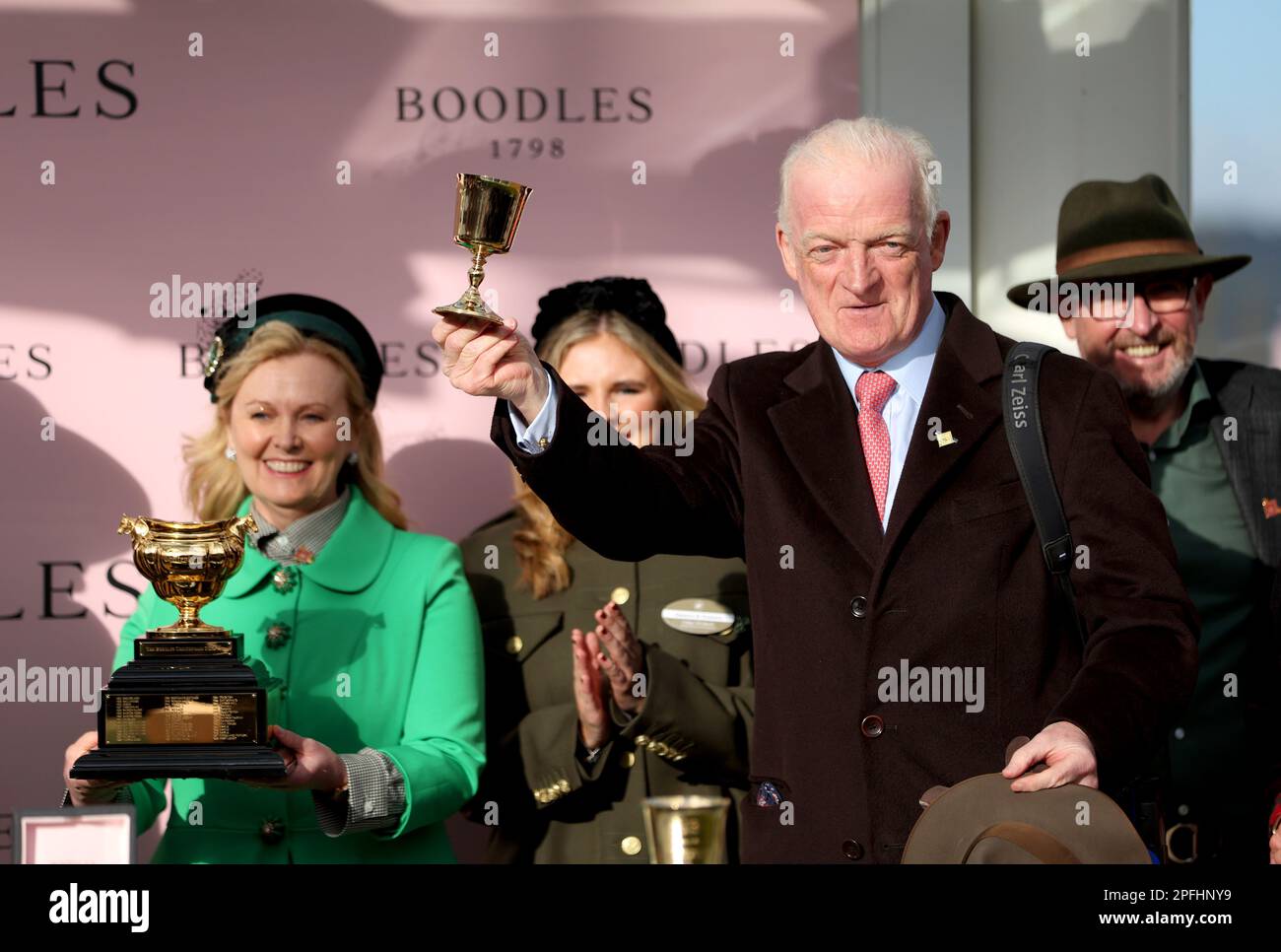 Trainer Willie Mullins (right) and horse owner Audrey Turley celebrate ...