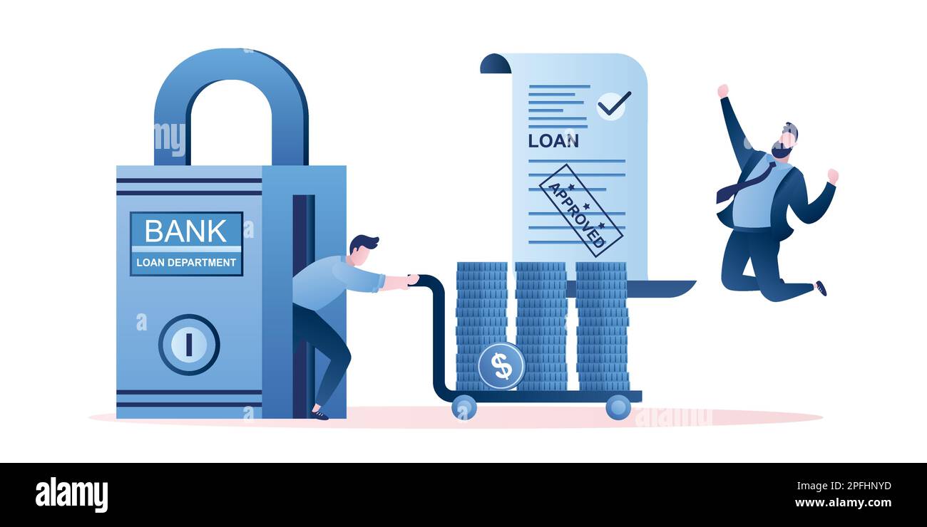 Bank clerk rolls a cart with stacks of money from the bank. Loan ...