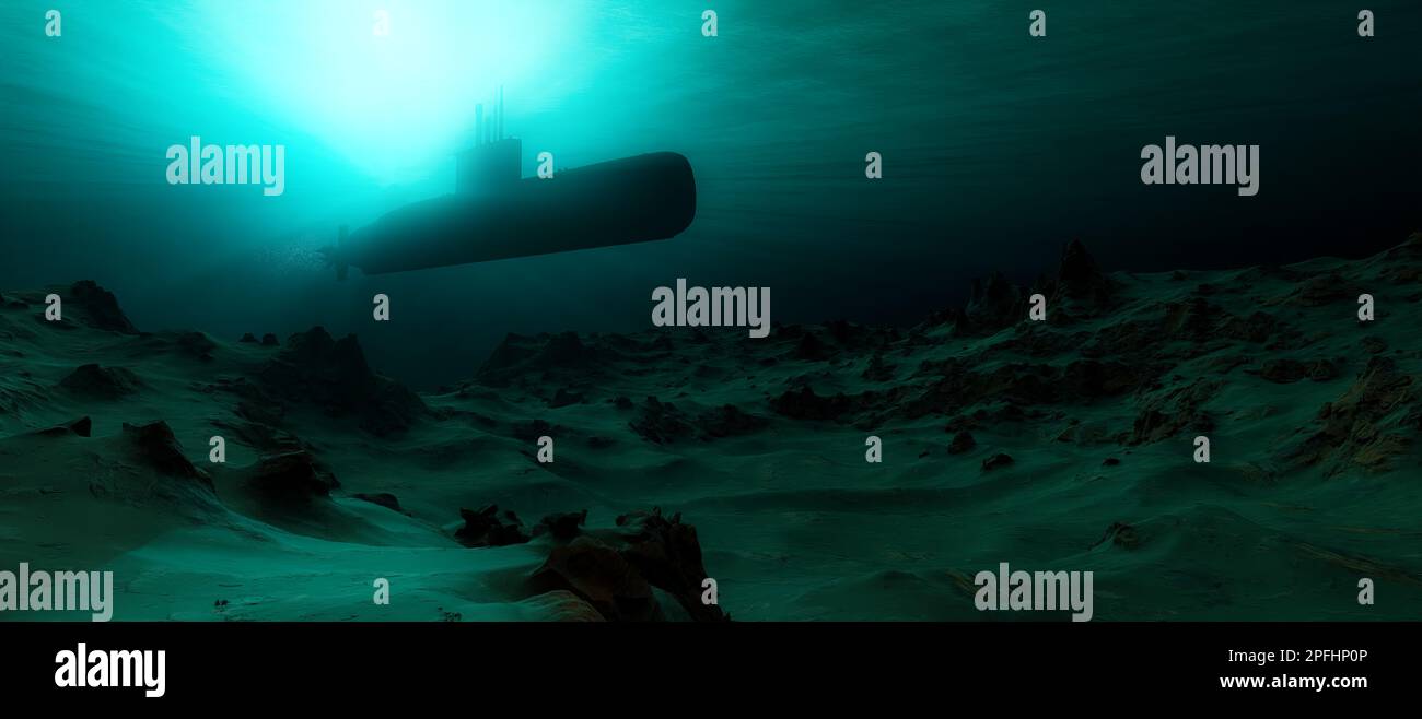 Underwater Deep Ocean Scene with Military Submarine Stock Photo - Alamy