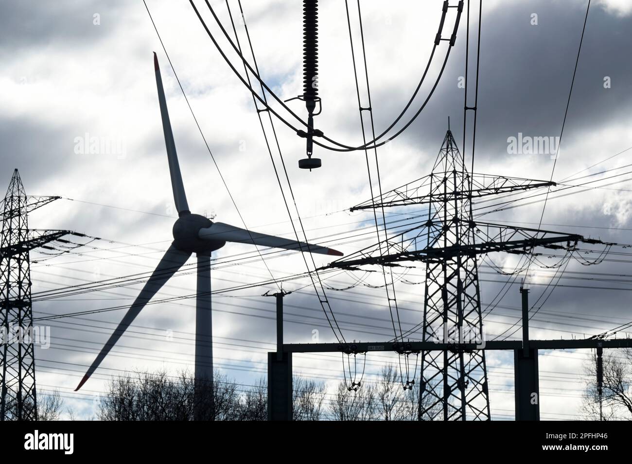 GERMANY, Hamburg, electric grid, power transmission pole, Enercon wind ...