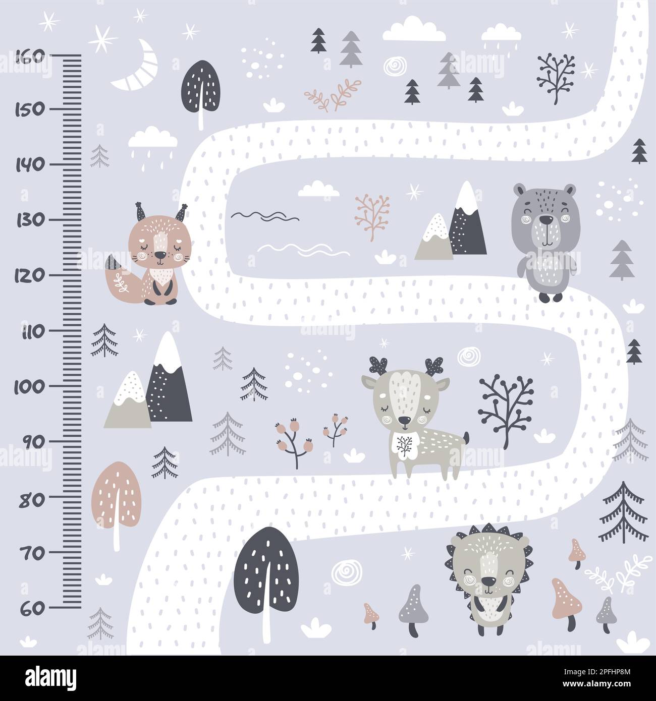 Kids height chart. Cute and funny doodle wild animals in forest. Growth ...