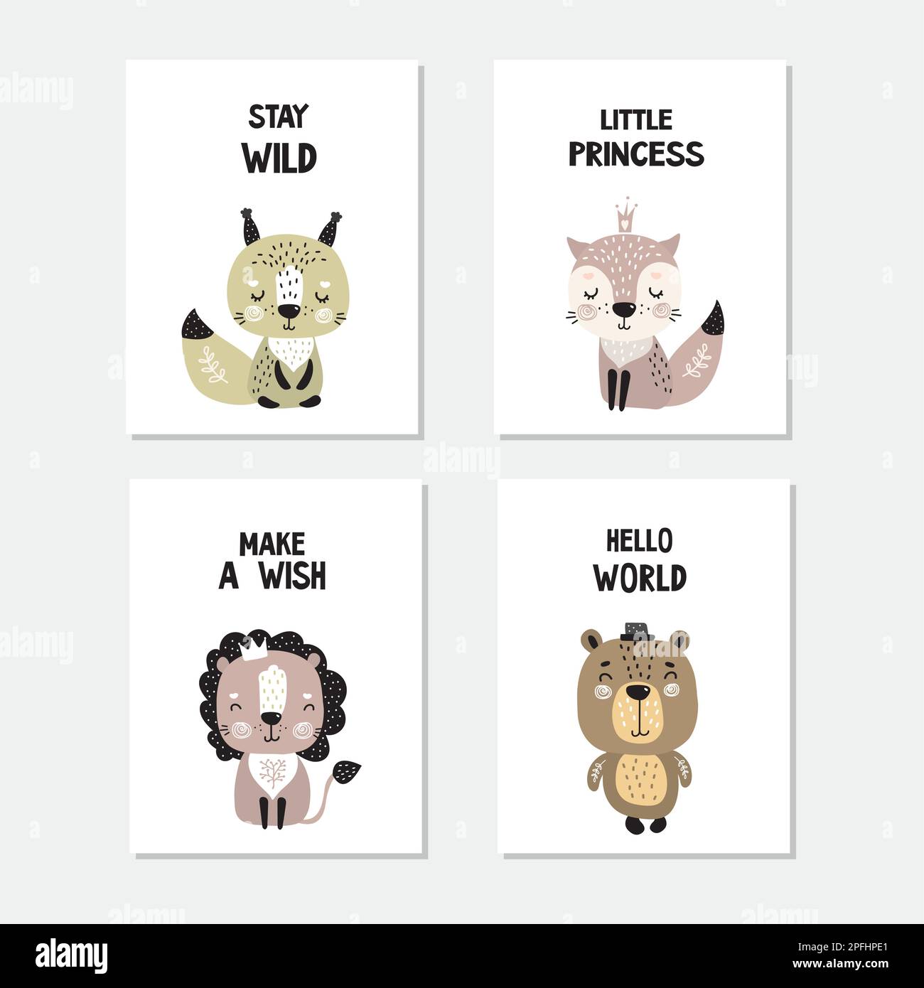 Posters template with cute animals. Doodle wild animals in scandinavian ...