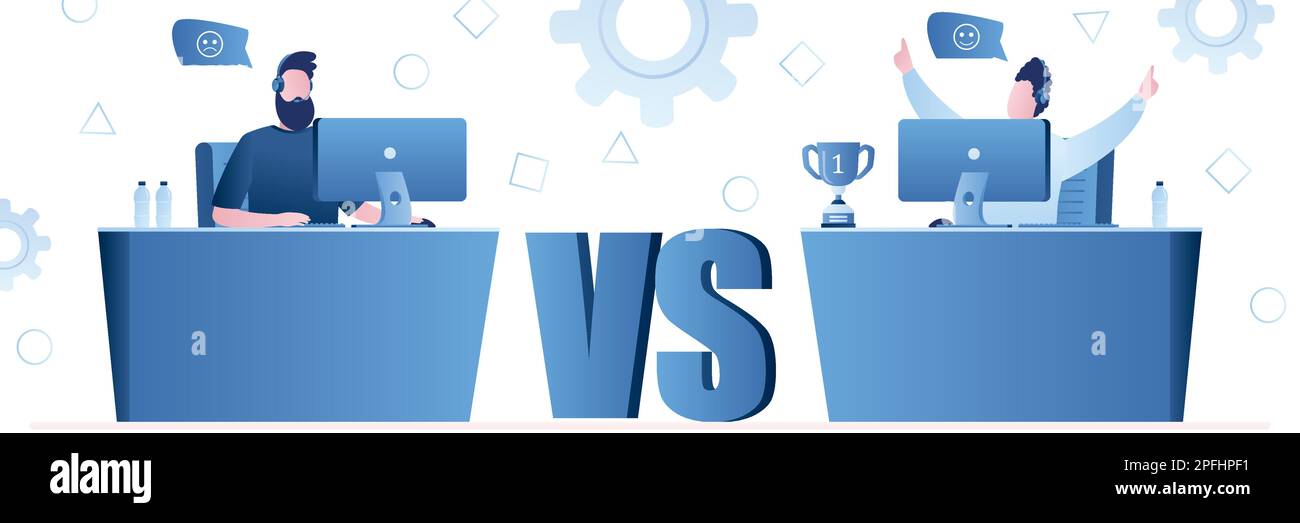 Two professional gamers with headsets at the table at computer playinng ...