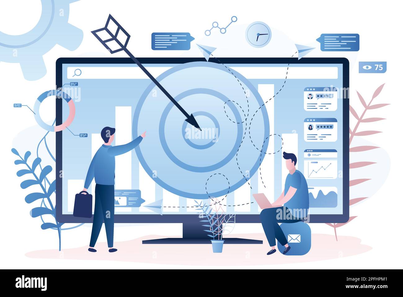 Male remarketing manager and caucasian man specialist put targeted ads ...