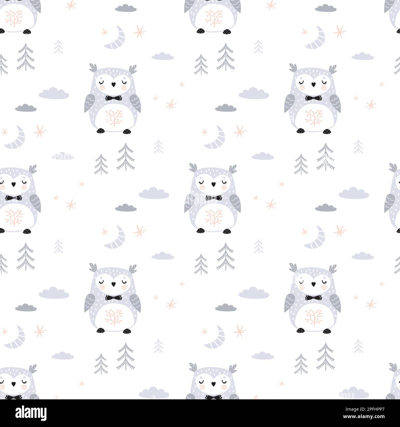 Seamless pattern with cute doodle owl. Texture background with forest ...