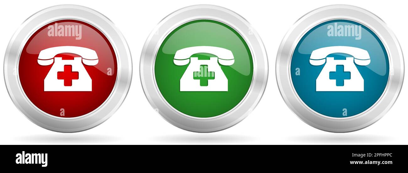 Emergency call, phone vector icon set. Red, blue and green silver ...