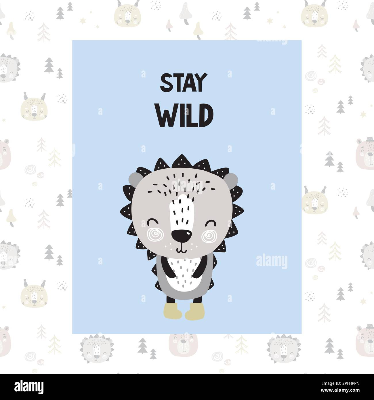 Cute hedgehog. Seamless pattern with animal faces and trees on ...