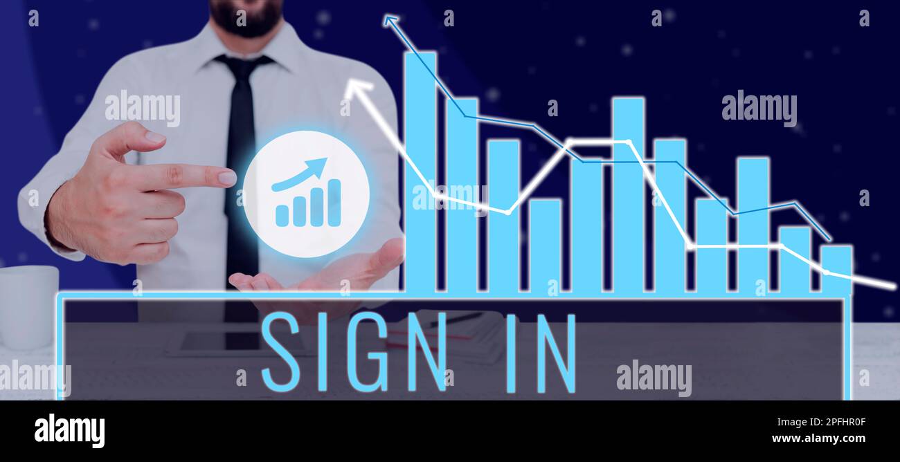 Sign displaying Sign In. Word for to write your name on a form when ...