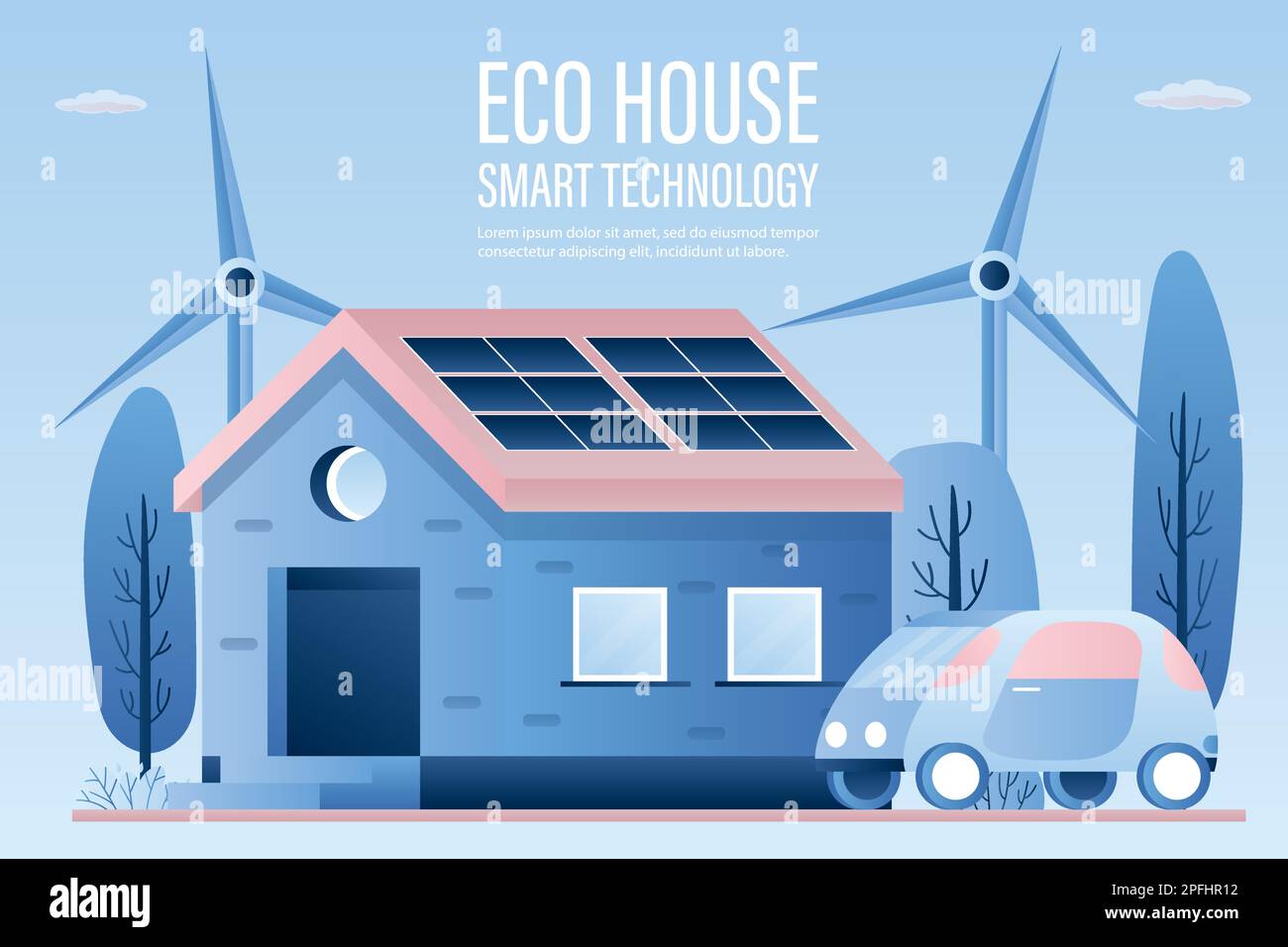 Eco house and smart technology background. Windmills, rooftop solar ...