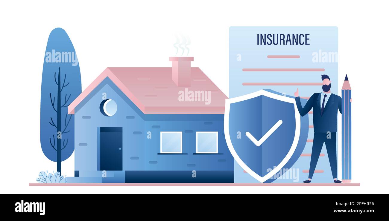 Cottage or single house and man with insurance paper contract and safe ...