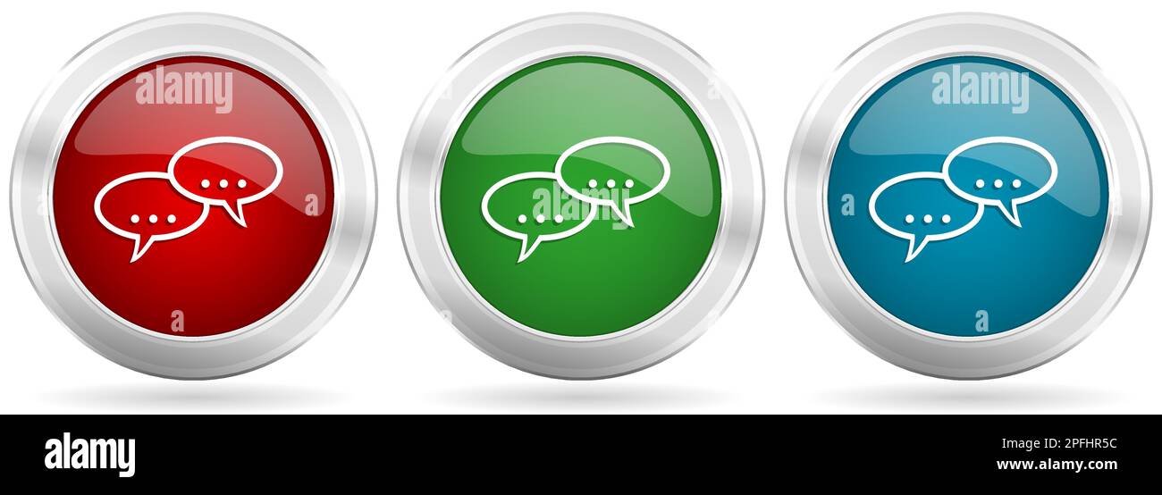 Forum vector icon set. Red, blue and green silver metallic web buttons ...