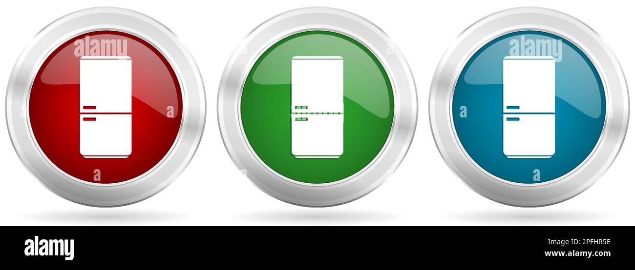 Fridge, refrigerator vector icon set. Red, blue and green silver ...
