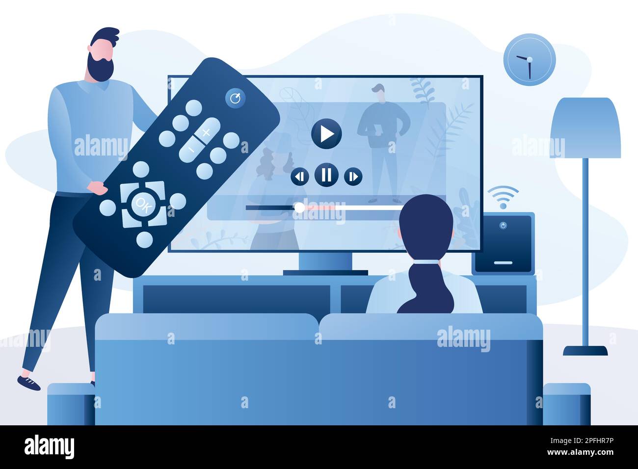 Love couple watch video with remote control and television multimedia ...