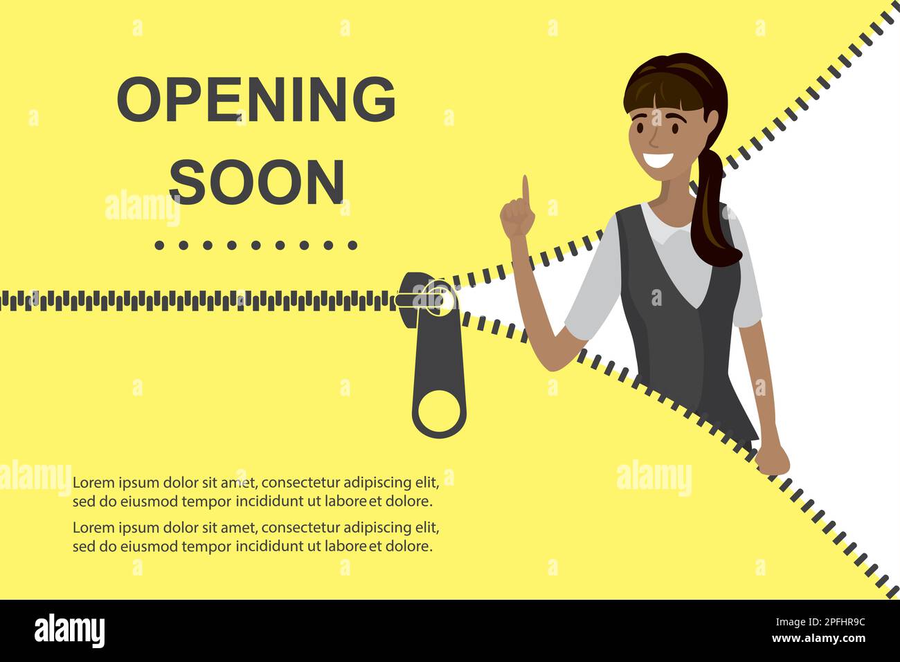 Open zipper and happy fashion girl or businesswoman. Cartoon banner ...