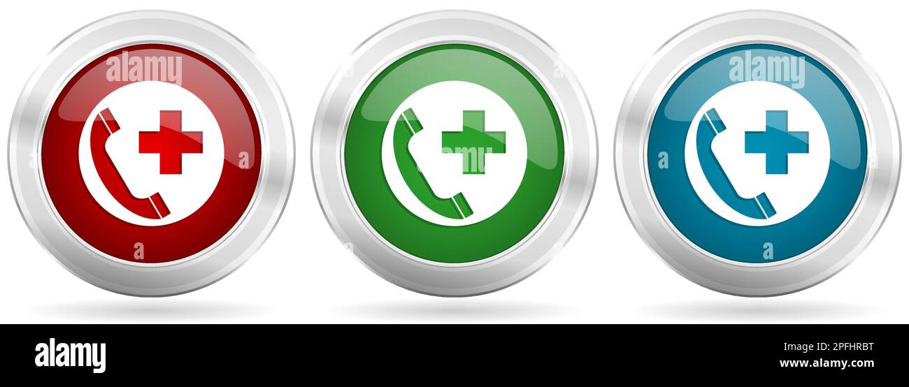 Emergency call vector icon set. Red, blue and green silver metallic web ...