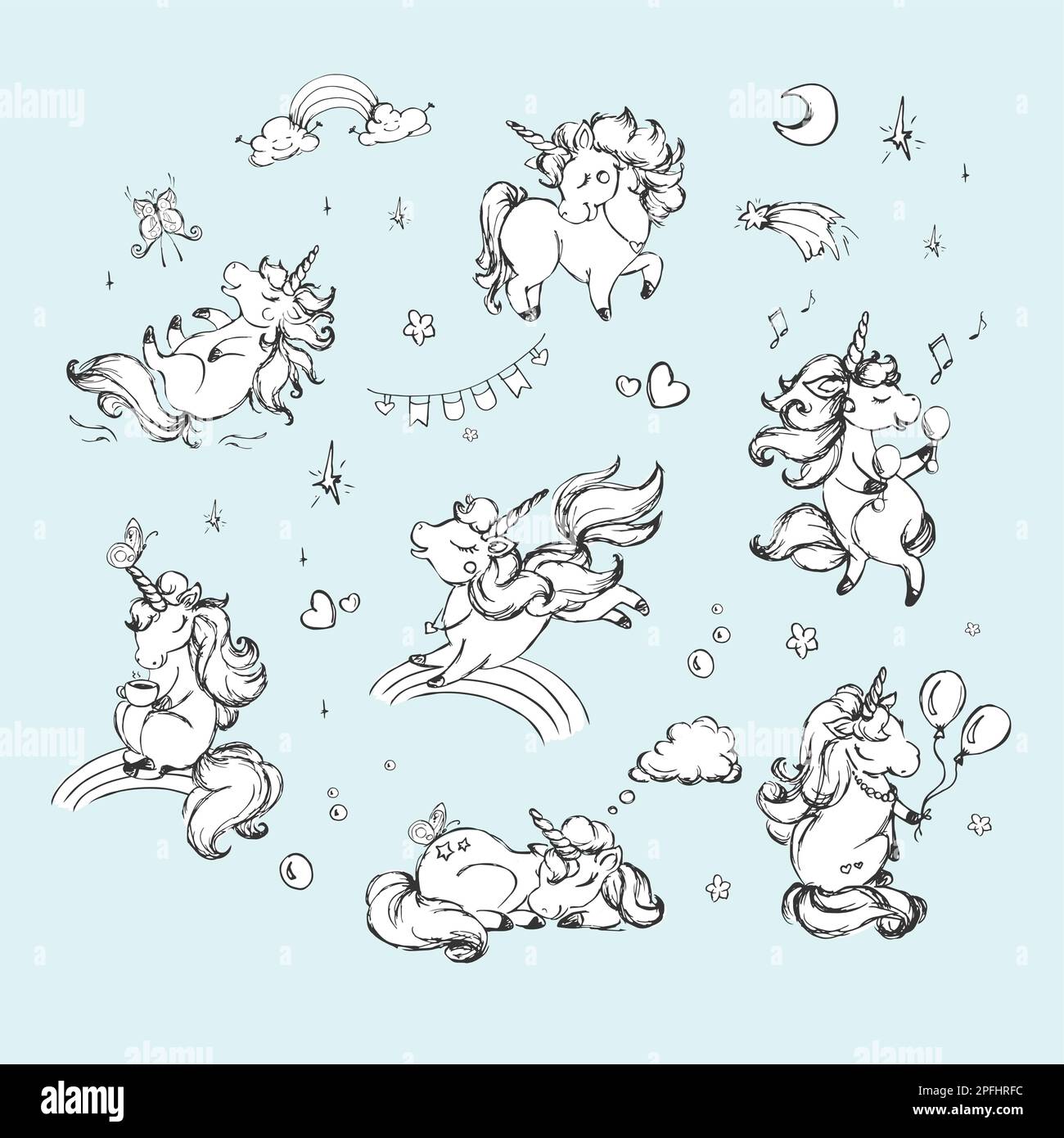 Set of cute unicorns. Fairytail horses with horn. Magical animals ...