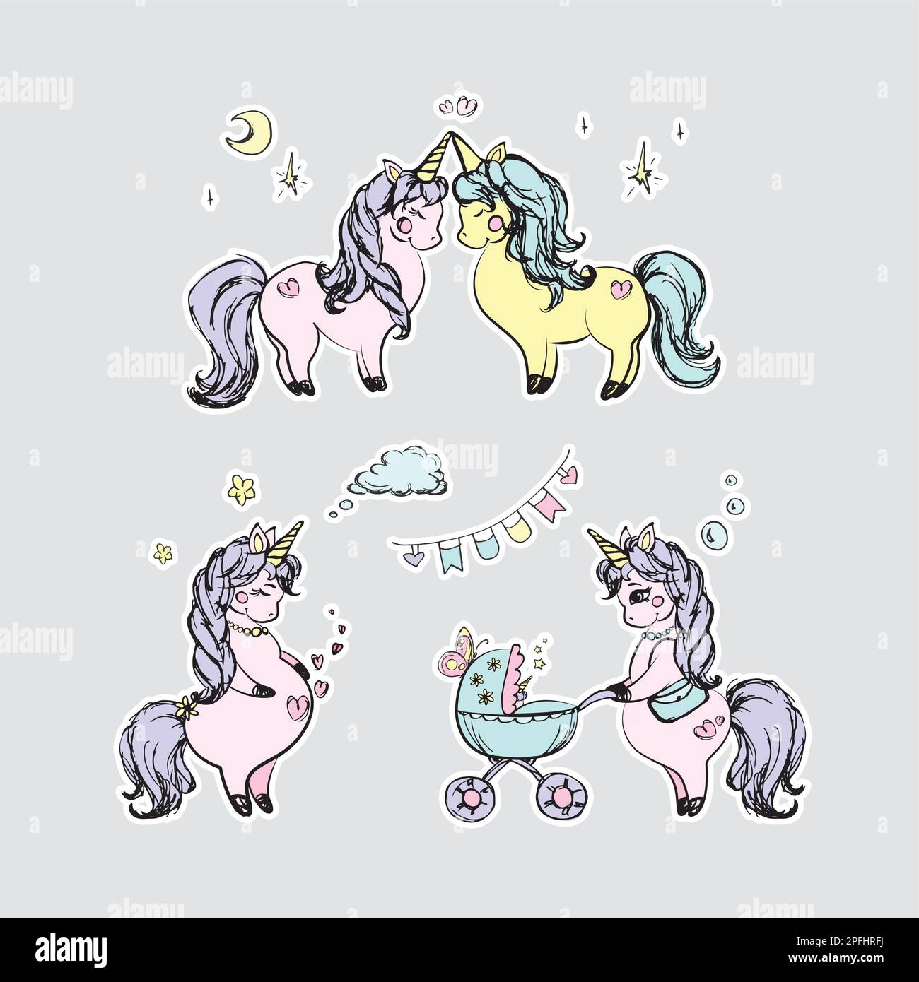 Set of cute unicorns- couple,pregnant unicorn and fairytail horse with baby in carriage. Magical ...
