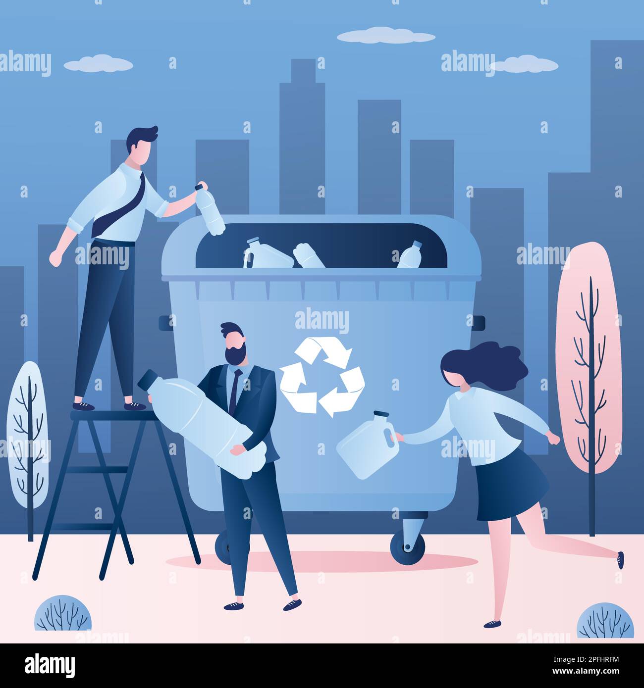 Various people throwing plastic garbage in the big trash can. Recycling ...